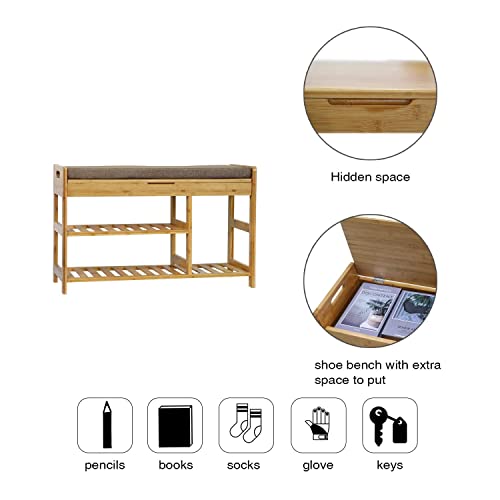 C&AHOME Shoe Bench Bamboo, 3-Tier Shoe Organizer with Cushion, Shoe Rack Bench for Entryway, Max Load 270 LBS, Removable Seat Cushion Bench, Ideal for Entryway, Hallway, Living Room, Bedroom, Natural