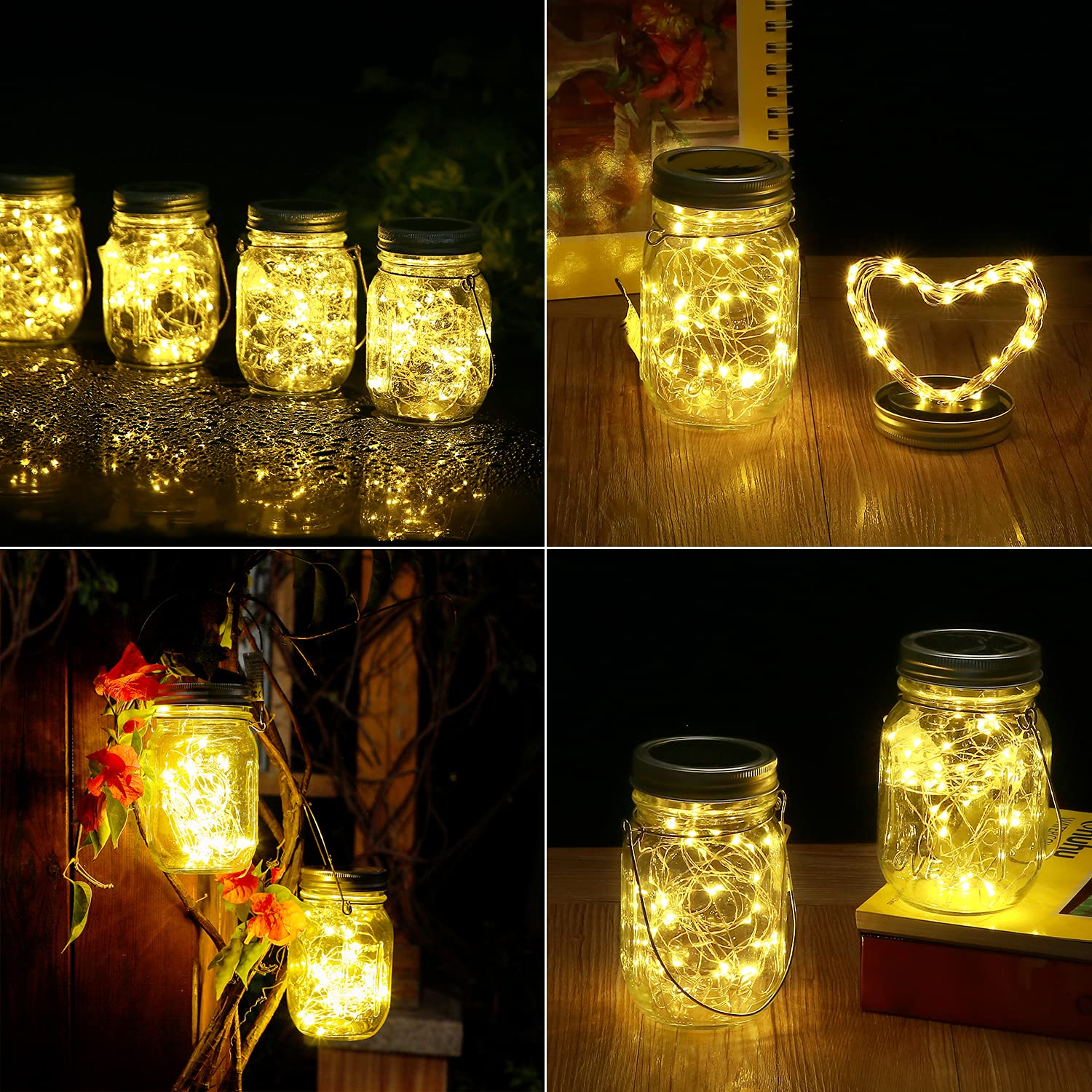 4 Pack Mason Jar Solar Lights, OxyLED 40 LED Fairy Lights Solar Powered with Jars and Hangers, Waterproof Hanging Solar Lights Outdoor, Decorative Solar Lanterns for Home Garden Patio Party Wedding