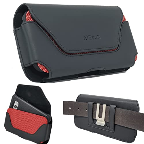 AIScell Red Black Oversize Leather Pouch Holster Belt Loop Case Universal Faux Leather Horizontal Cellphone Belt Clip Hip Holster for Smartphones 7.00X3.60X0.60 Inches Fits Phone with Thick Cover