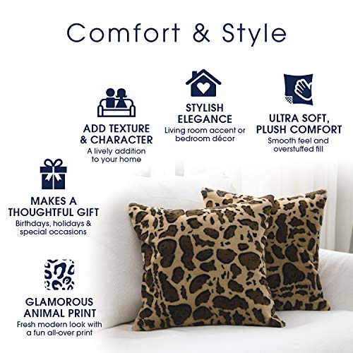 Cheer Collection Set of 2 Leopard Print Throw Pillows - Soft Velvety Faux Fur Decorative Couch Pillows, 18" x 18"