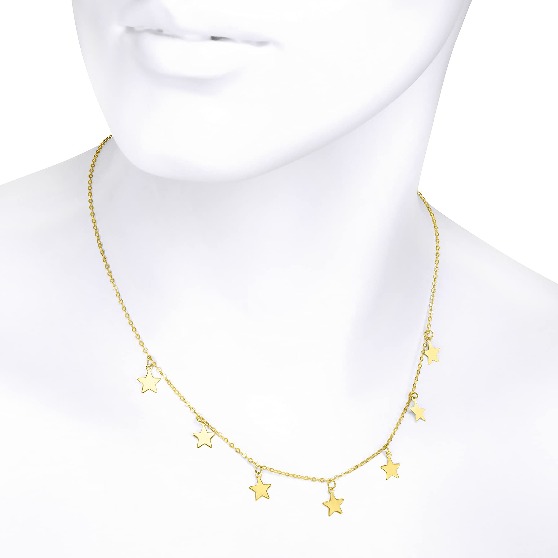 14k Italian Solid Yellow Gold Dangling Multi-Stars 7 Station Necklace, Adjustable 16β or 18β