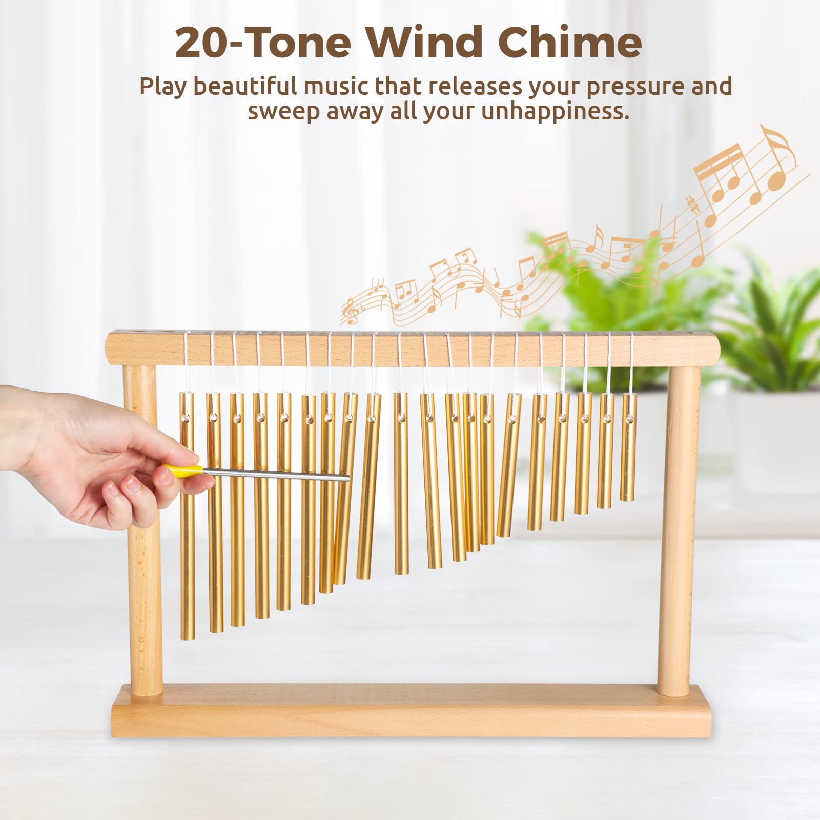 20 Bars Chime Single-row Table Top Wind Chime 15.7×10.6'', CDOKY 20 Golden Metal Bars Percussion Instrument with Mallet, Treeworks Chimes for Ornament Classroom Office