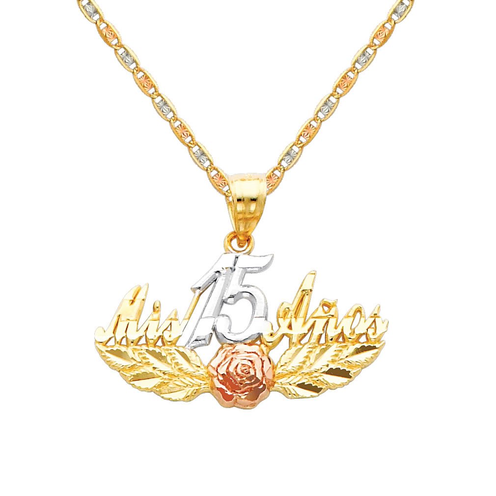 14k REAL Tri Color Gold 15 A?os Pendant with 1.5mm Diamond Cut Chain Necklace - 20"