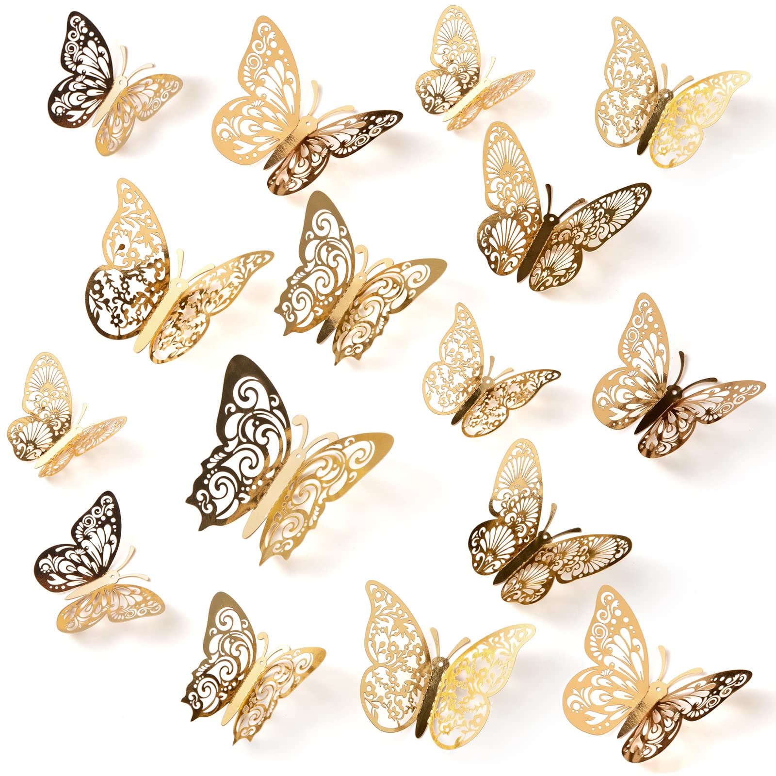 Gold Butterfly Decorations Party 3D Butterfly Wall Decor Stickers, 48Pcs 4 Styles 3 Sizes, Butterfly Cake Decorations Paper Butterflies Wall Decals for Kids Baby Nursery Bedroom Room Decor Birthday
