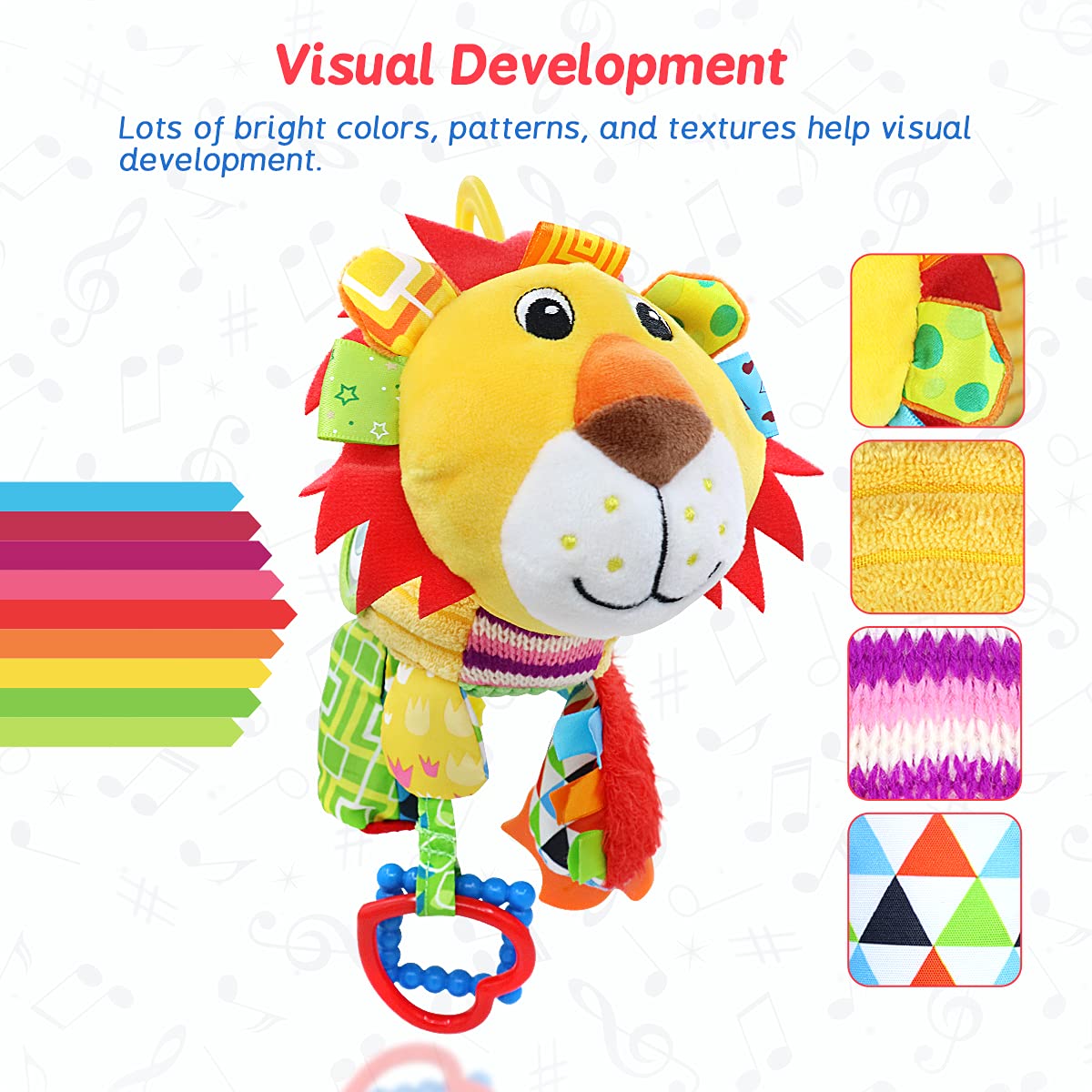 JERICETOY Baby Toy Plush Infant Toy with Musical Box Baby Carseat Toy Stroller Hanging Toy Development Toy with Rattles Crinkle Teether Magic Mirror, Stroller Clip-On Carseat Cot Crib Bed - Lion