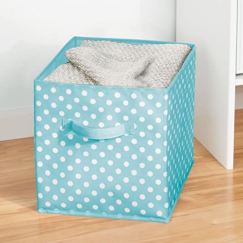 mDesign Soft Fabric Closet Storage Organizer Cube Bin Box, Handle - Storage for Baby Child/Kids Room, Nursery, Toy Room, Furniture Units, Shelf - 12.75" high - Turquoise Blue/White Polka Dots