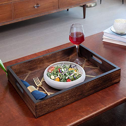 Decorative Coffee Table Tray - Wood with Gold Herringbone Design - 16.5 X 12 - for Ottoman, Serving Tray, Home Decor