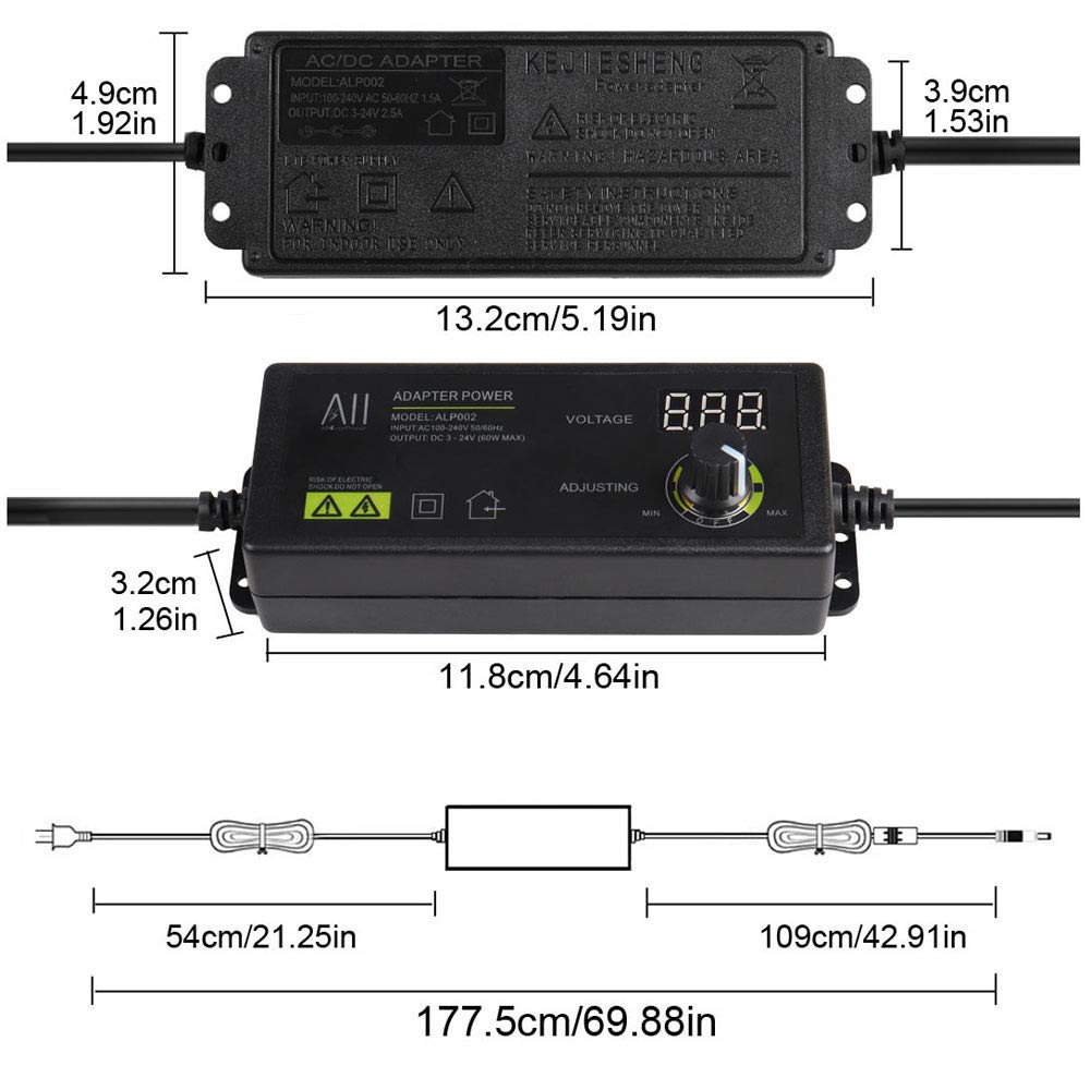 AlloverPower 3V - 24V 1.5A 36W Universal Adjustable DC Power Supply Kit AC Adapter Speed Control Volt Display ON Off Switch with Variable 8 Plugs