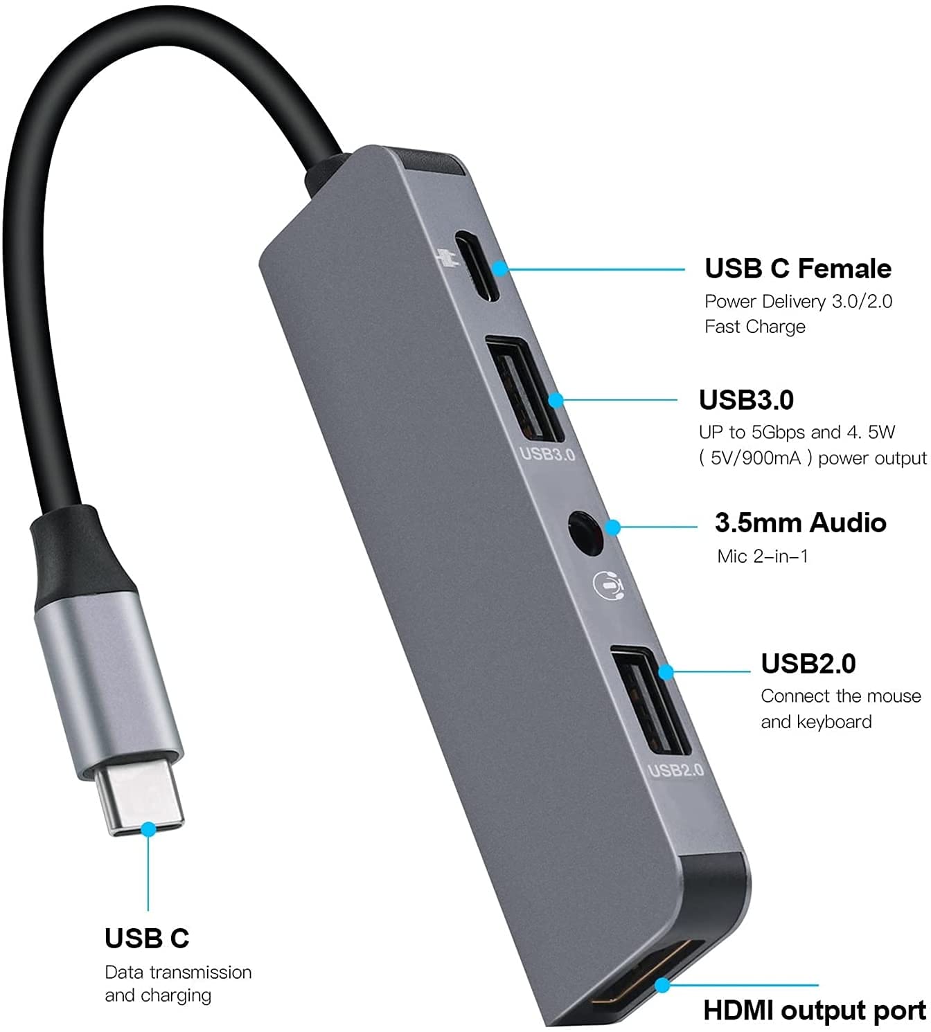 Type-c Docking Station, 5-in-1 Hub Usb3.0 3.5mm Audio Hdmi Pd Fast Charge Compatible with Windows Xp/Vista, Win 7/win8/win 10, Mac Os, Linux, Android (Silver) (Silver)