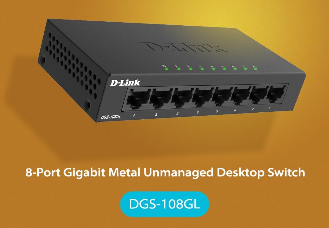 D-Link Ethernet Switch, 8 Port Gigabit Unmanaged Desktop Plug and Play Sturdy Metal Housing Fanless Design EEE Brown Box (DGS-108GL)