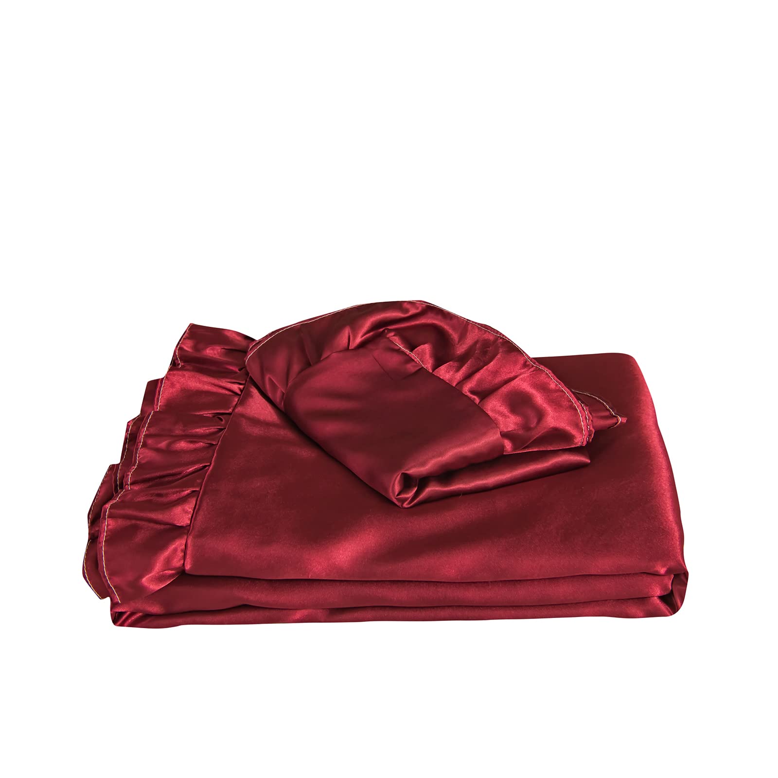 3 Pieces Satin Duvet Cover Silky Red Bedding Set Luxury Satin Lace Ruffled Fringed Super Smooth Soft Silk Like Microfiber Burgundy Red Duvet Cover Set Queen with 2 Pillowcases