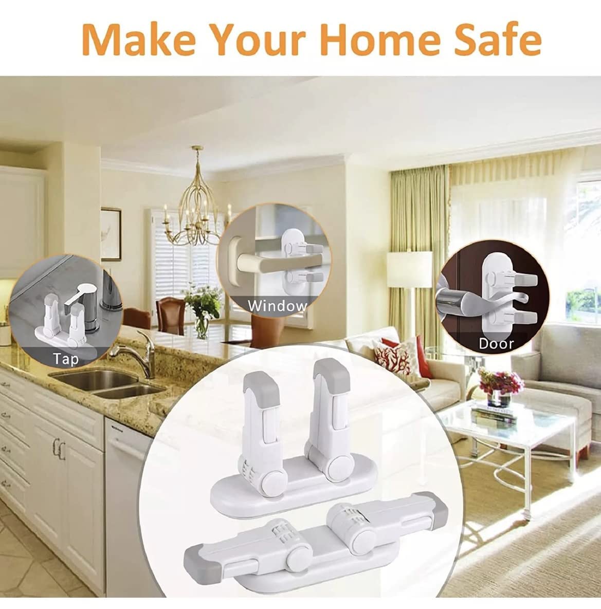 4 Pack, New and Improved Childproof Safety Door Lock, Prevents Toddlers from Opening Doors, BPA Free, 3M Adhesive, Easy to Install, No Drilling Needed.