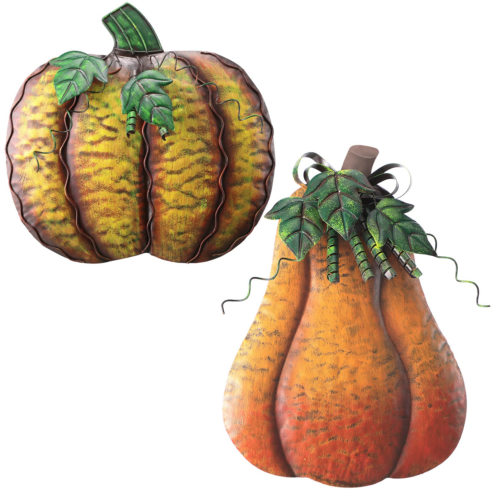 2 Pieces Metal Fall Pumpkin Decor, Indoor Outdoor Standing Flat Pumpkin Decoration for Autumn Harvest Thanksgiving Halloween Decoration Home House Kitchen Yard Garden Decor, 2 Styles