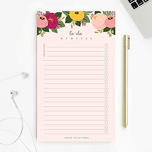 Bliss Collections To Do List Notepad, Pink Floral, Magnetic Weekly and Daily Planner for Organizing and Tracking Grocery Lists, Appointments, Reminders, Priorities and Notes, 4.5"x7.5" (50 Sheets)