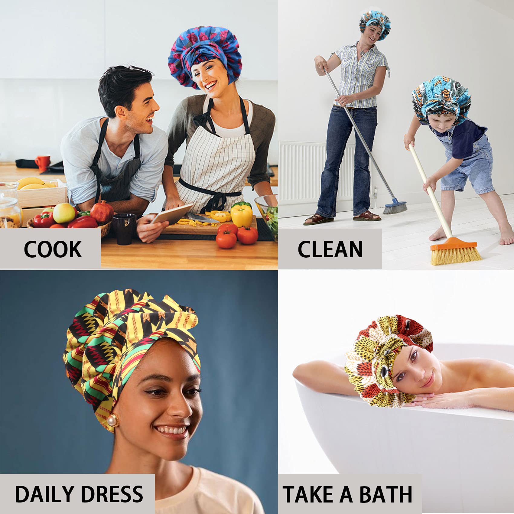 4 Packs Satin Bonnet for Women Silk Bonnet Sleep Cap African Print Head Scarf Head Wrap for Long Curly Natural Hair Braids Hat Large Soft Night Sleeping Cap Head Cover