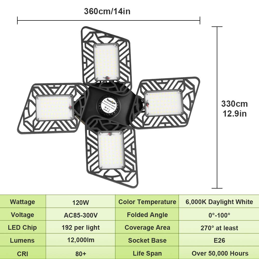 120W LED Garage Lights,12000 Lumens Super Bright Garage Ceiling Lights with 4 Adjustable Panels, Easy-Installation 6000K Deformable Bay Lights for Basement, Workshop, Barn, Warehouse(2 Pack)