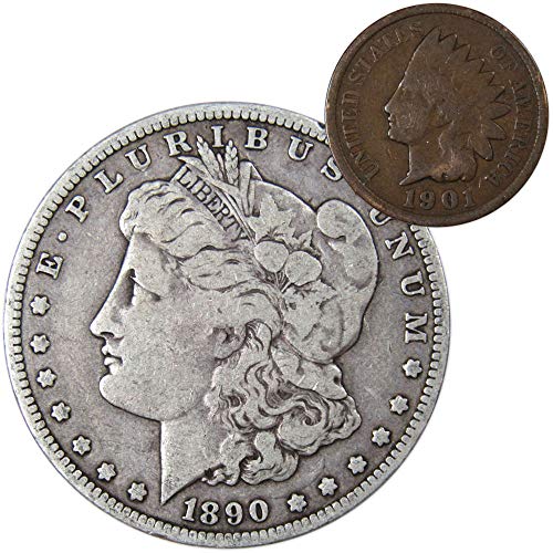 1890 O Morgan Dollar F Fine 90% Silver Coin with 1901 Indian Head Cent G Good