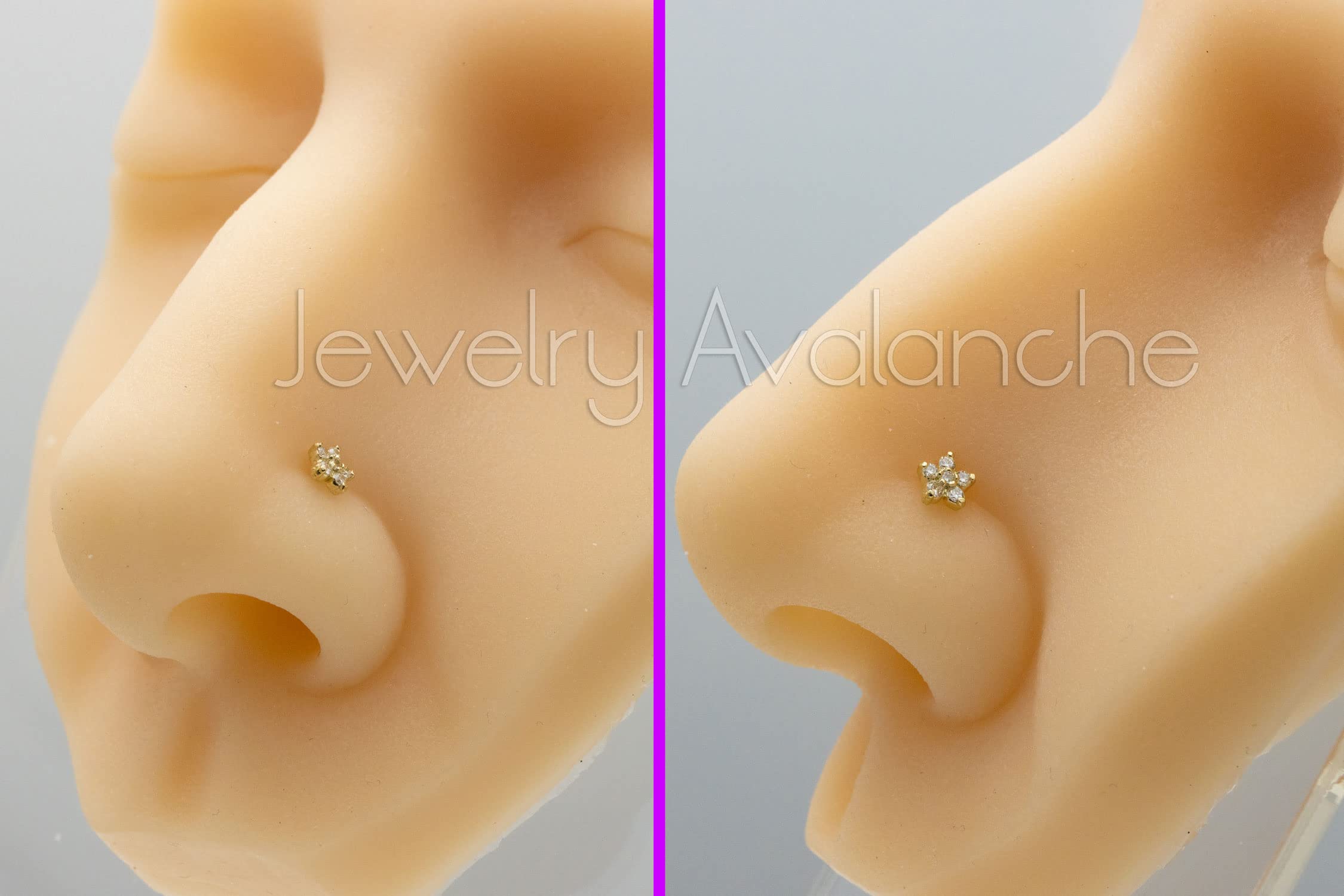 14K Yellow Gold 20G L-shape Flower Nose Stud with 0.05ct Moissanite Gemstones - April Birthstone Nose Ring - FLMNT-LSYG