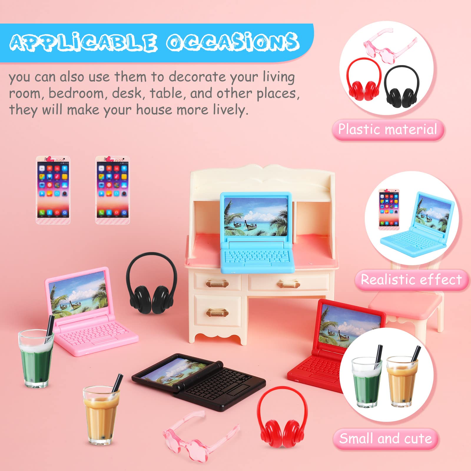 20 Pieces Dollhouse Accessories Doll Travel Accessories Mini Laptop Computer Phone Toy Miniature Glasses Headset Drink Toys Plastic Doll Accessories for Dolls (Classic Style)