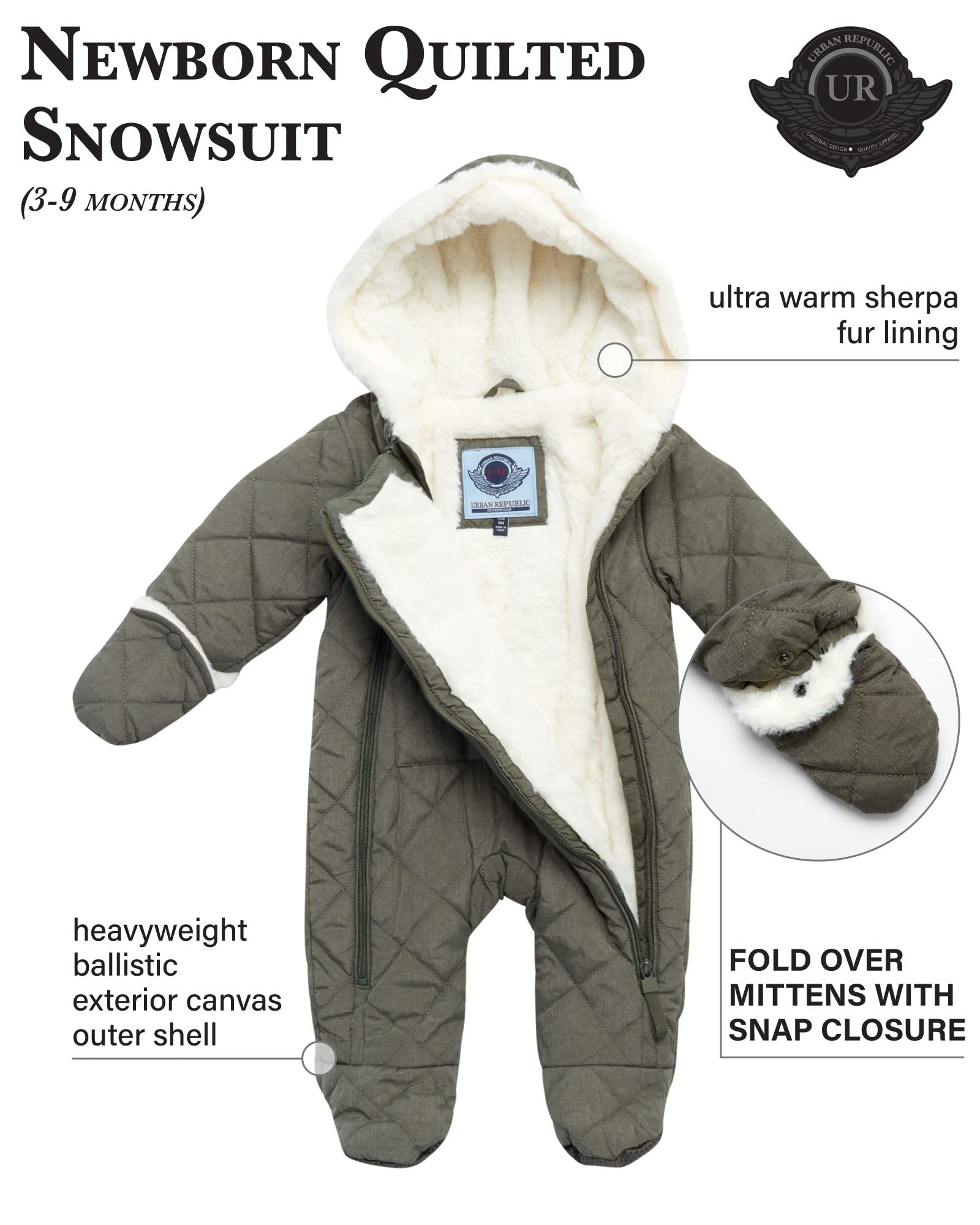 URBAN REPUBLIC Baby Boys' Pram Snowsuit - Quilted Fleece Lined Snowsuit with Gloves - Outerwear Coveralls (Sizes: 3-9M), Size 6M, Olive
