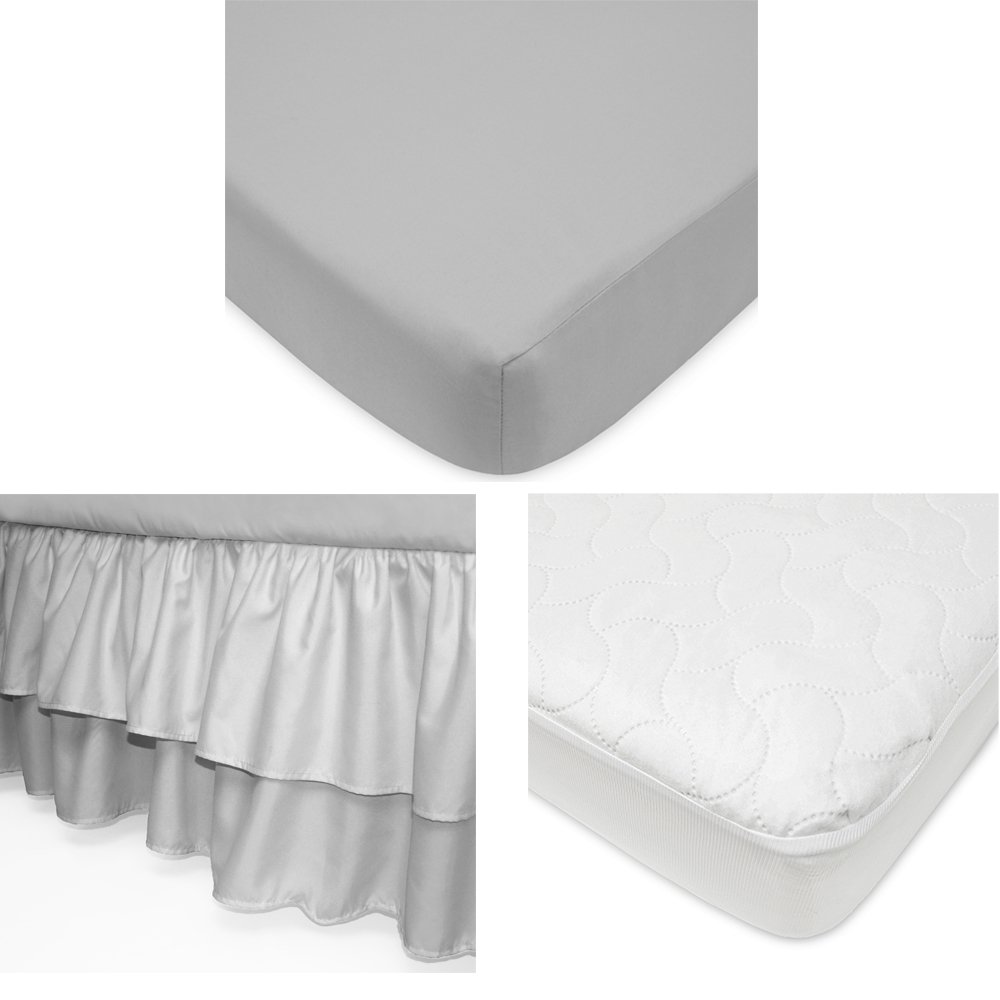 American Baby Company Double Layer Ruffled Crib Skirt Waterproof Mattress Pad Cover and Microfiber Fitted Crib Sheet Bundle, Gray, for Boys and Girls