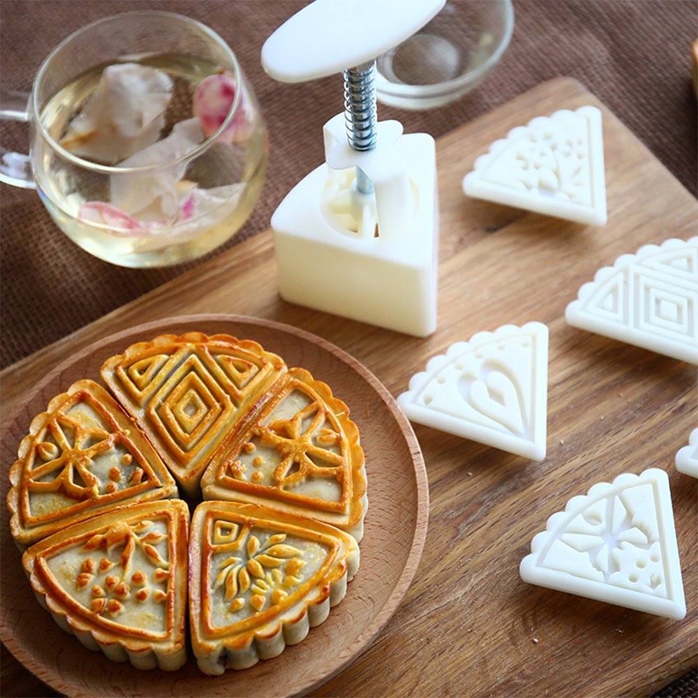 2 Sets Mooncake Mold Press 50g with 11 Stamps, SENHAI Flower and Triangle Shape Decoration Tools for Baking DIY Cookie - White