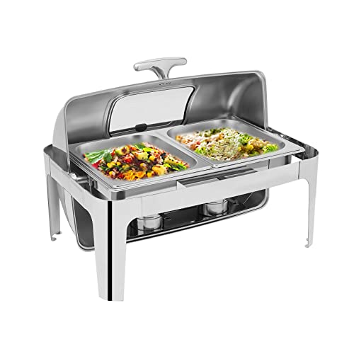 2 Compartment Roll Top Chaffing Server Set Food Insulation Chafer Warmer Stainless Steel Chafing Dish Buffet Set with Visible Window Catering Party Chafing Buffet Server Food Warmer Chafer Dish Warmer