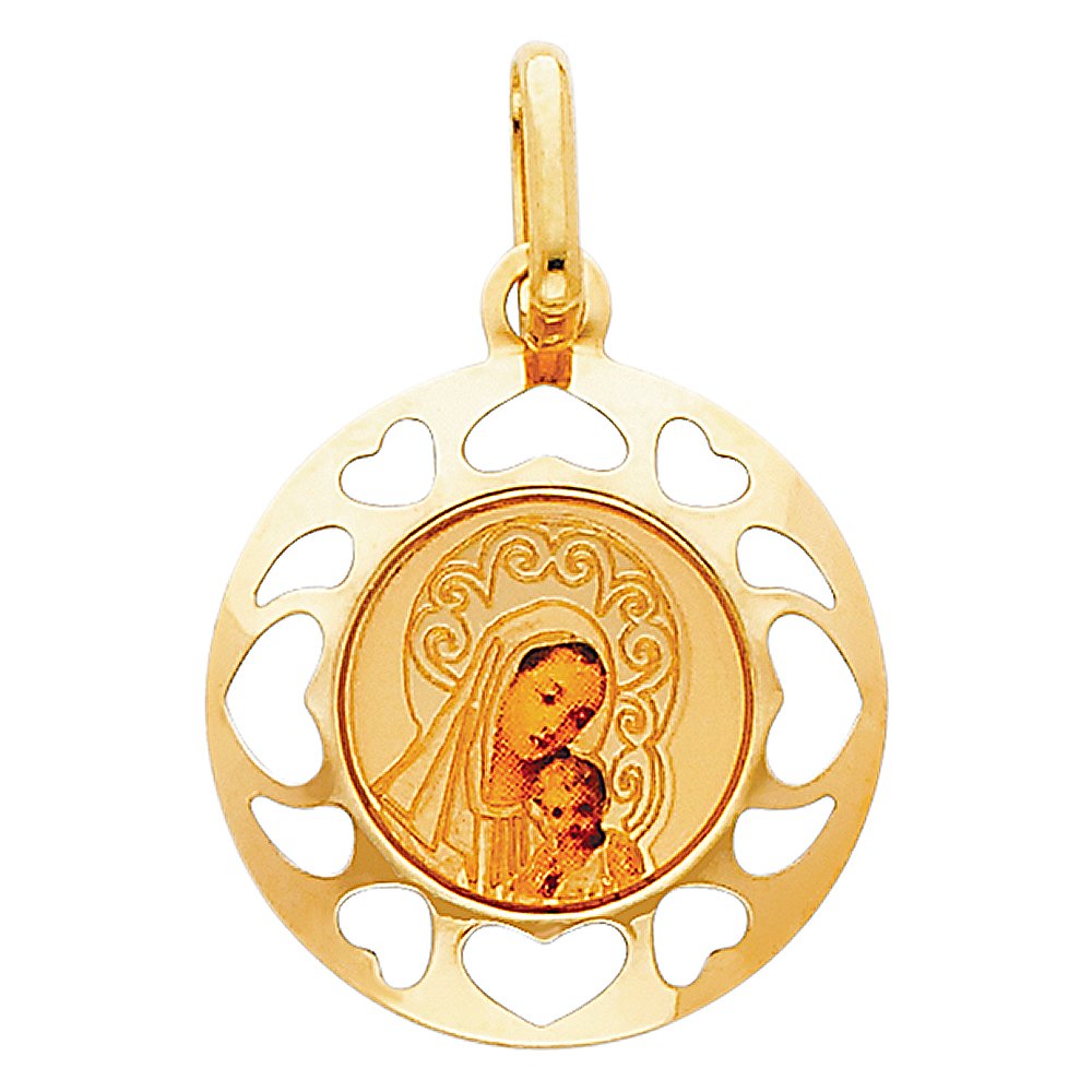 14k REAL Yellow Gold Religious Blessed Virgin Mary and Jesus Enamel Picture Charm Pendant
