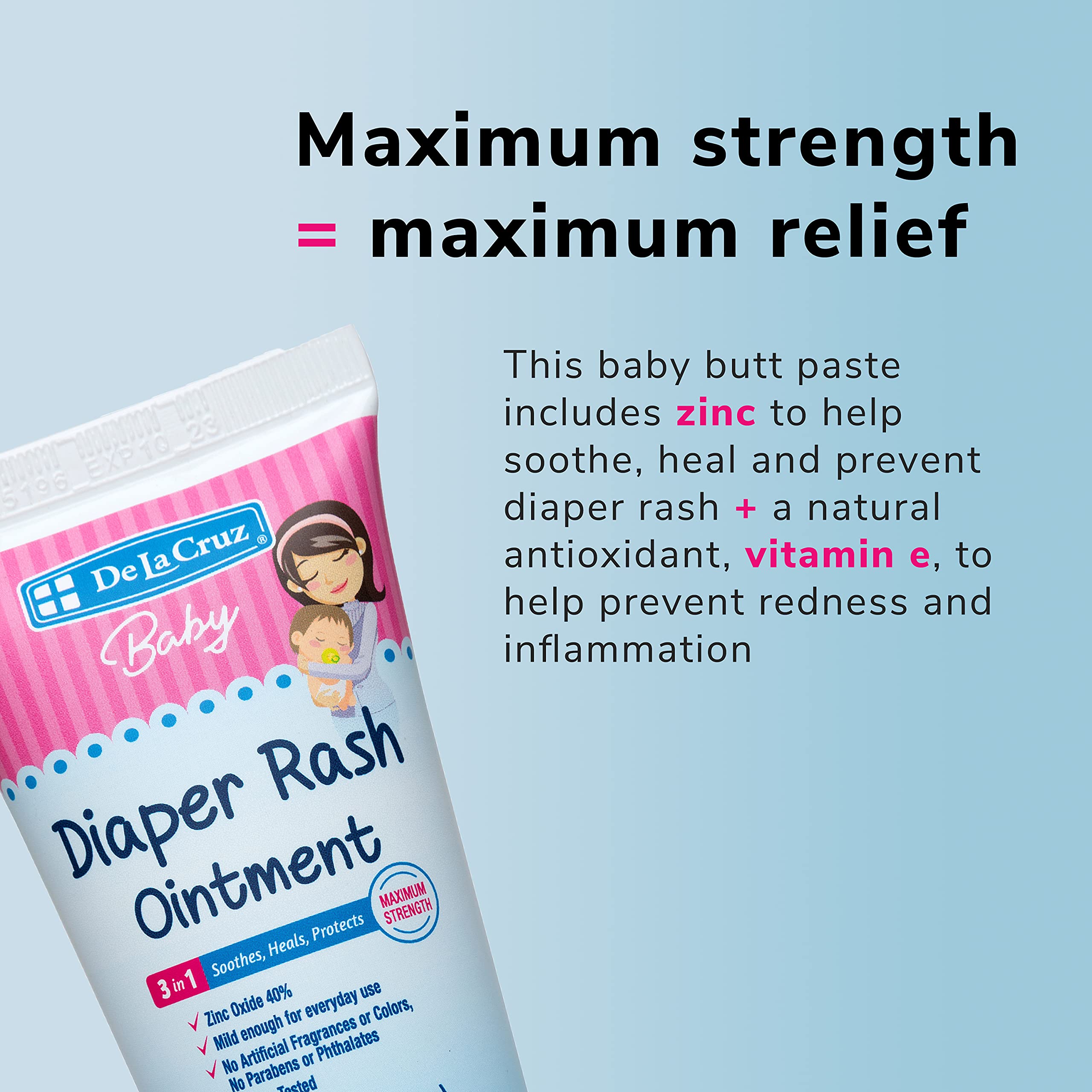 De la Cruz Baby Diaper Rash Cream with Zinc Oxide - Maximum Strength Baby Healing Ointment to Help Soothe, Heal and Prevent Diaper Rash - 3.4 OZ