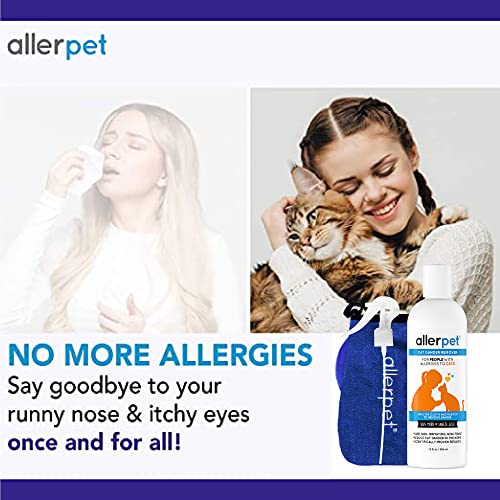 Allerpet Cat Dander Remover w/Free Applicator Mitt & Sprayer - Effective Cat Allergy Relief - Anti Allergen Solution Made in USA - (12oz)