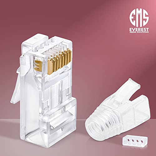Everest Media Solutions RJ45 Cat6/6a Pass Through Connectors for a Thick 23 AWG Large Diameter UTP Cable & Strain Relief Boots Pack of 50/50 | EZ Modular Plug for Solid or Stranded UTP Network Cable