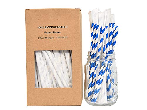 200-Pack Premium Biodegradable Paper Straws - Eco-Friendly Drinking Straws - Bulk Paper Straws for Juices, Smoothies and Party Decorations - 7.75" Long .25" Wide (Blue)