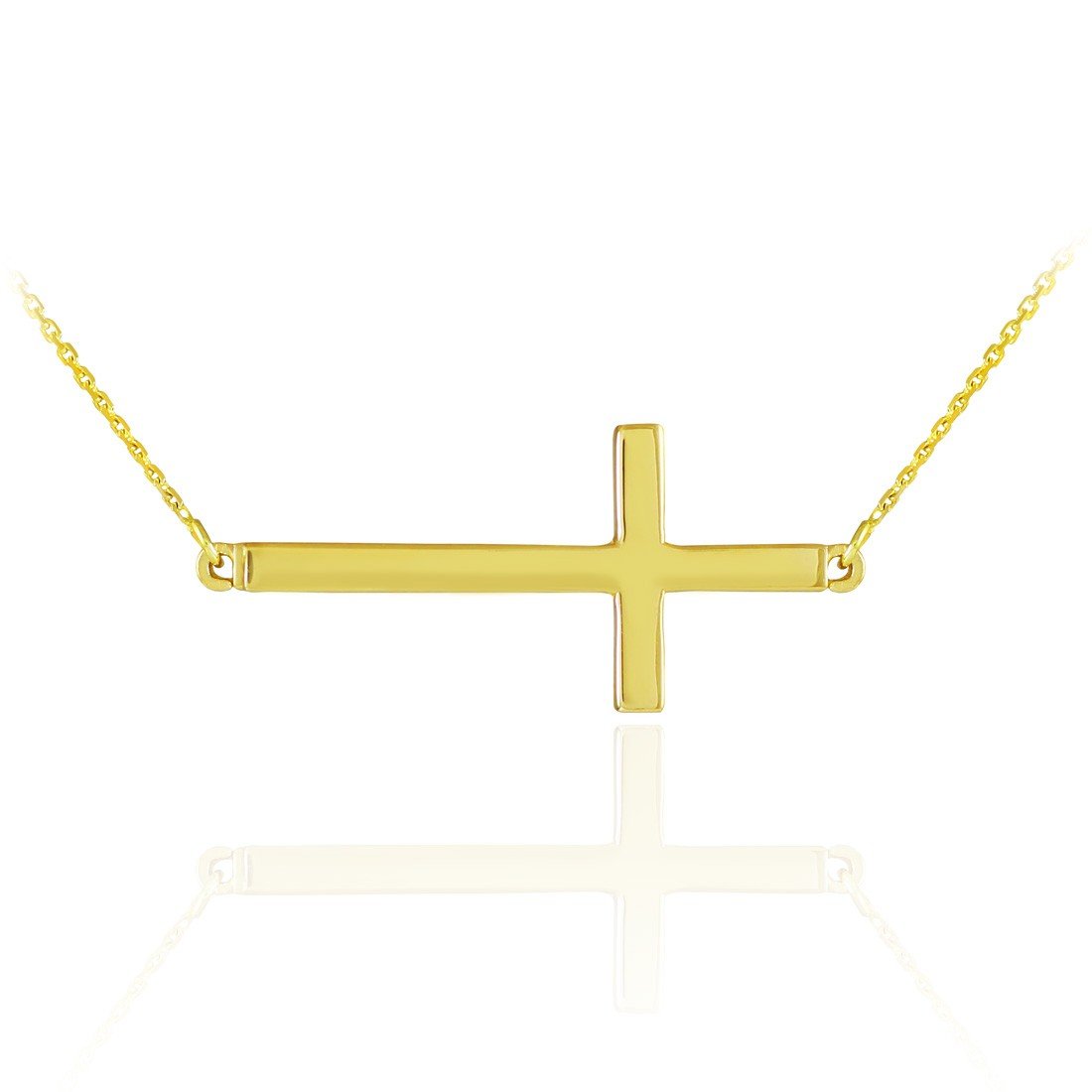 14K Yellow Gold Classic Horizontal/Sideways Cross Necklace on Rolo Chain - 18"