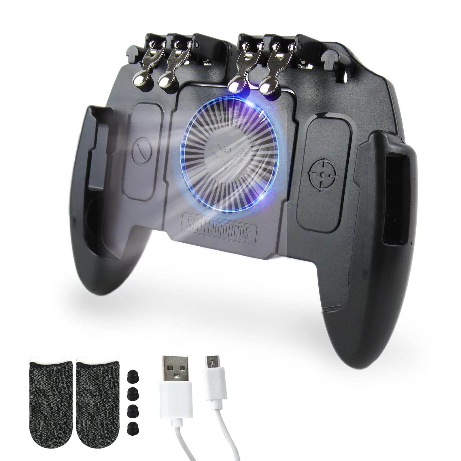 Acupress Mobile Game Controller w/Silent Cooling Fan/Phone Holder/Finger Sleeves for PUBG/Fortnite Fits for all Phones Within 4.7-6.5 Inches(Phone Controller for iOS/Android)