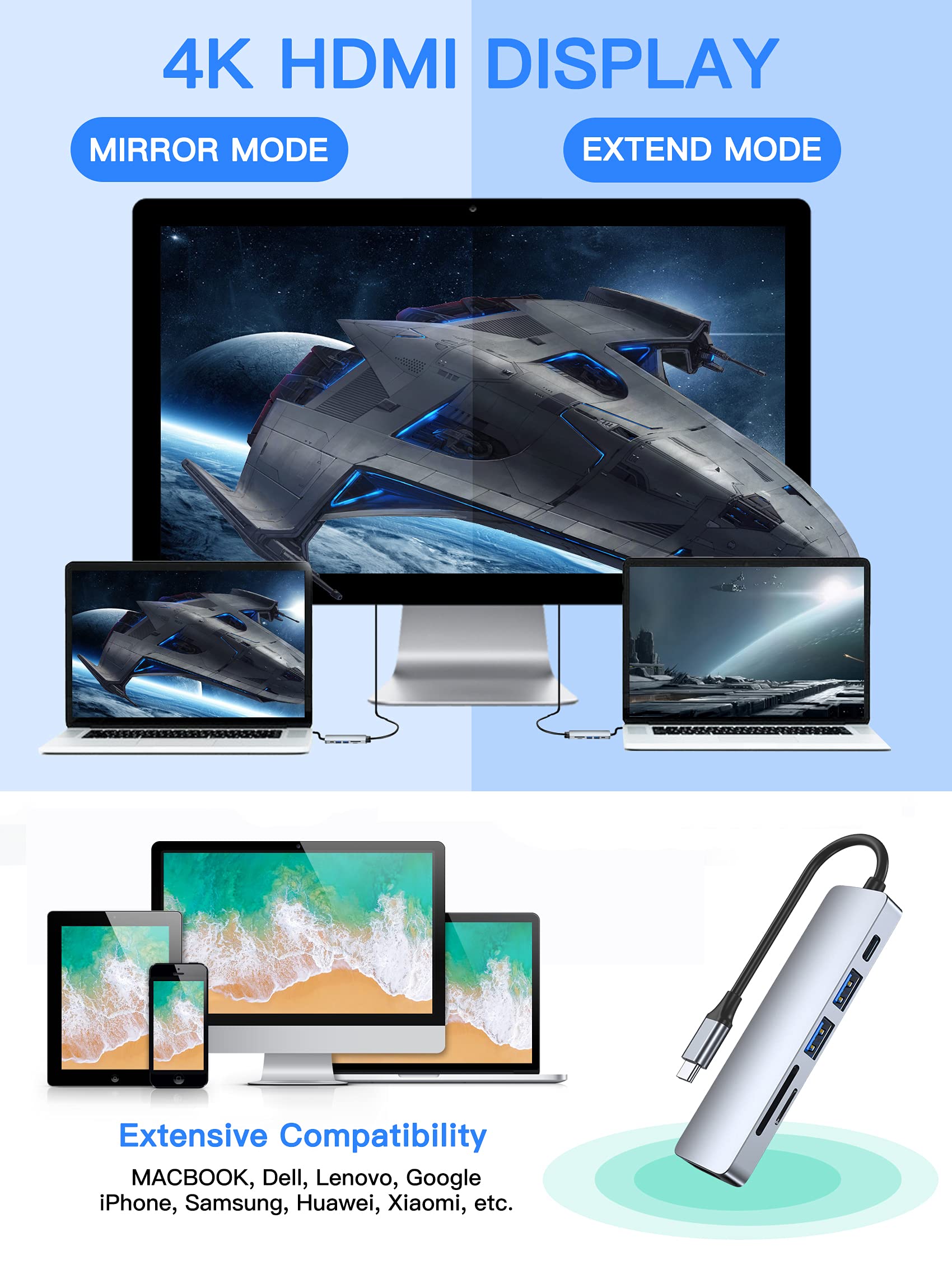 UUETKNN USB C HUB 6 in 1 USB C Laptop Docking Station Dual with 4K HDMI 2 USB 3.0 SDMicro SD Card Reader 87W PD Charging and USB C to A Adapter Compatible grey 6.69 x 3.54 x 0.79 inches