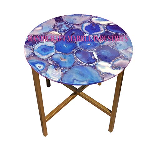 12" Inch Round Blue Brown Mix Agate Coffee Table with Gold or Silver color Metal Base, Agate Table, Stone Coffee Table, Agate Table Top, Agate Round Coffee Table, Agate Side Table Home Decor