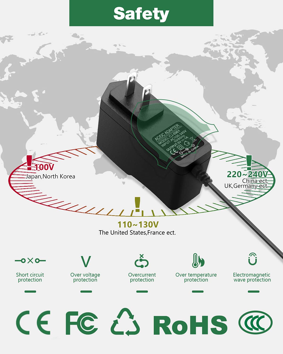 JOVNO 3V 1A Power Supply 3W Power Adapter Cord 100-240V AC to DC 3 Volt 1amp 0.8A 0.5A 450mA Converter Transformer 5.5x2.5mm Tip for LED Lights Tabletop Fountain, Replacement 2AA's in Small Devices
