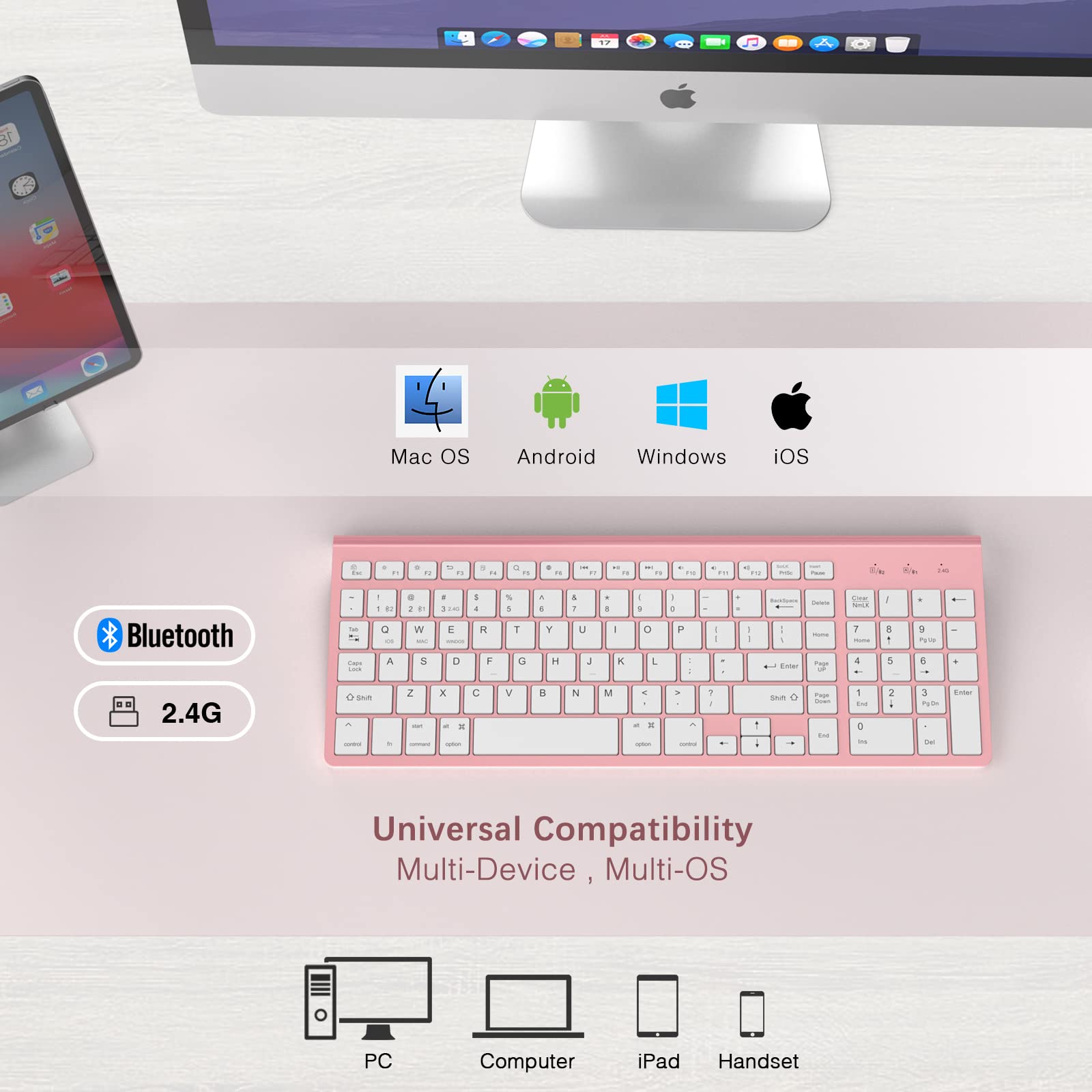 JOYACCESS Bluetooth Keyboard, Pink Wireless Keyboard with Number Pad, Dual Mode Slim Keyboard Connects Up to 3 Devices for iMac/Mac,MacBook, iPad,Laptop,Android,Windows
