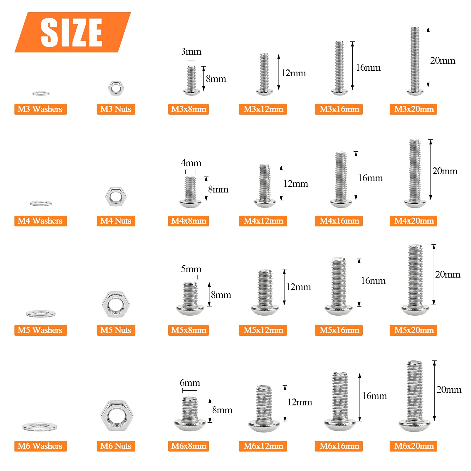 HELIFOUNER 810 Pieces M3 M4 M5 M6 304 Stainless Steel Button Head Socket Cap Metric Screws Bolts, Flat Washers and Nuts Assortment Kit with Hex Wrenches
