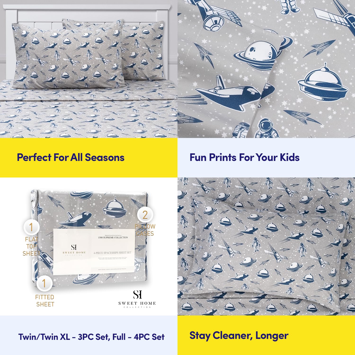 1500 Supreme Kids Bed Sheet Collection - Fun Colorful and Comfortable Boys and Girls Toddler Sheet Sets - Deep Pocket Wrinkle Free Soft and Cozy Bedding - Full, Spaceships