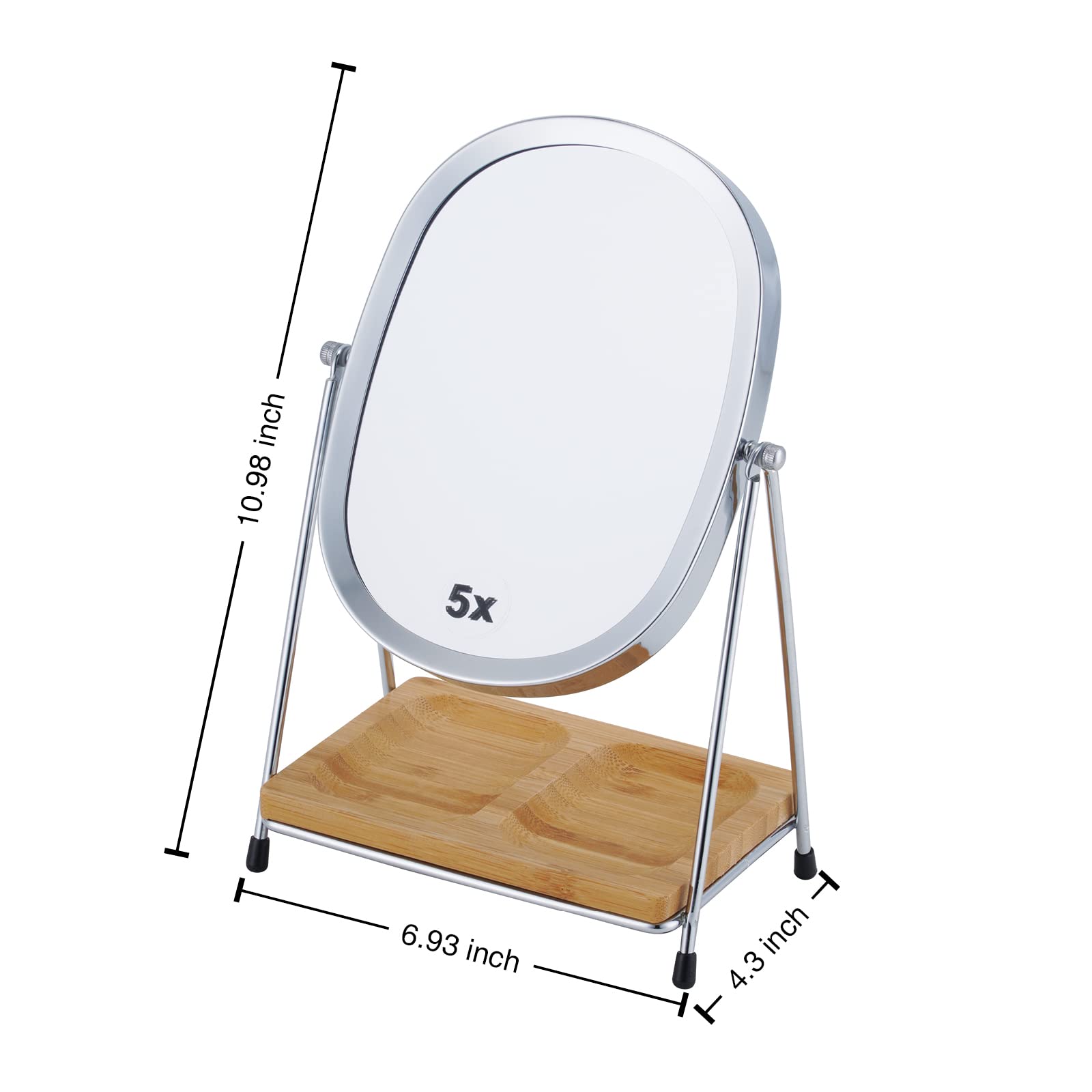JOYOEIKON Tabletop 5x/1x Magnifying Makeup Mirror with Squared Bamboo Tray Small Desk Mirror 360° Rotation Vanity Mirror with Stand Desktop Cosmetic Mirror