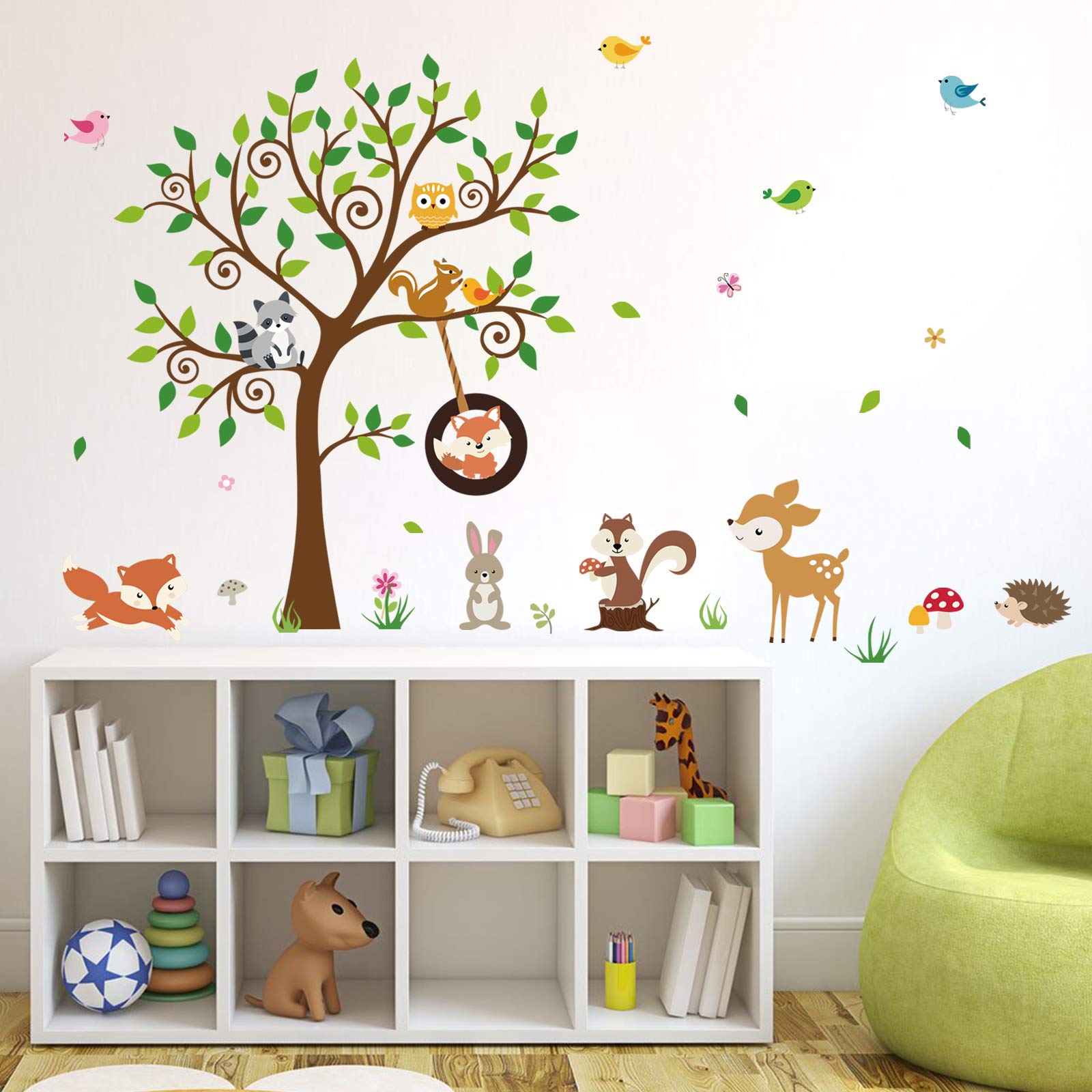 decalmile Forest Animals Tree Wall Decals Fox Squirrel Deer Wall Stickers Baby Nursery Kids Bedroom Playroom Wall Decor