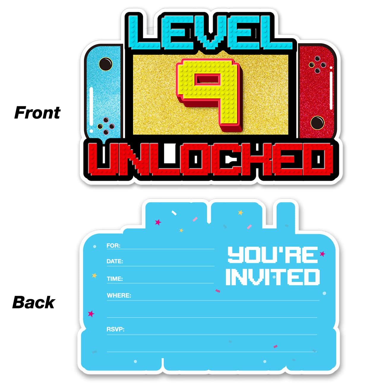 20 Video Game 9th Birthday Party Invitations with Envelopes Double Sided Video Game Console Shaped Fill-in Invitations Invites for 9 Year Old