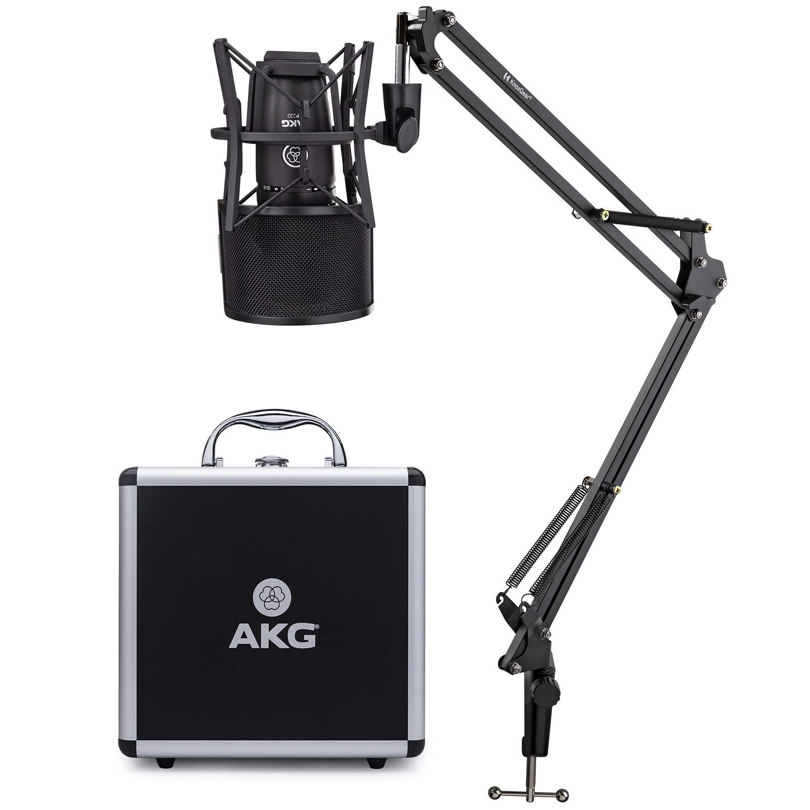 AKG P220 High-Performance Large Diaphragm True Condenser Microphone Bundle with Desktop Boom Scissor Arm Mic Stand and Pop Filter (3 Items)