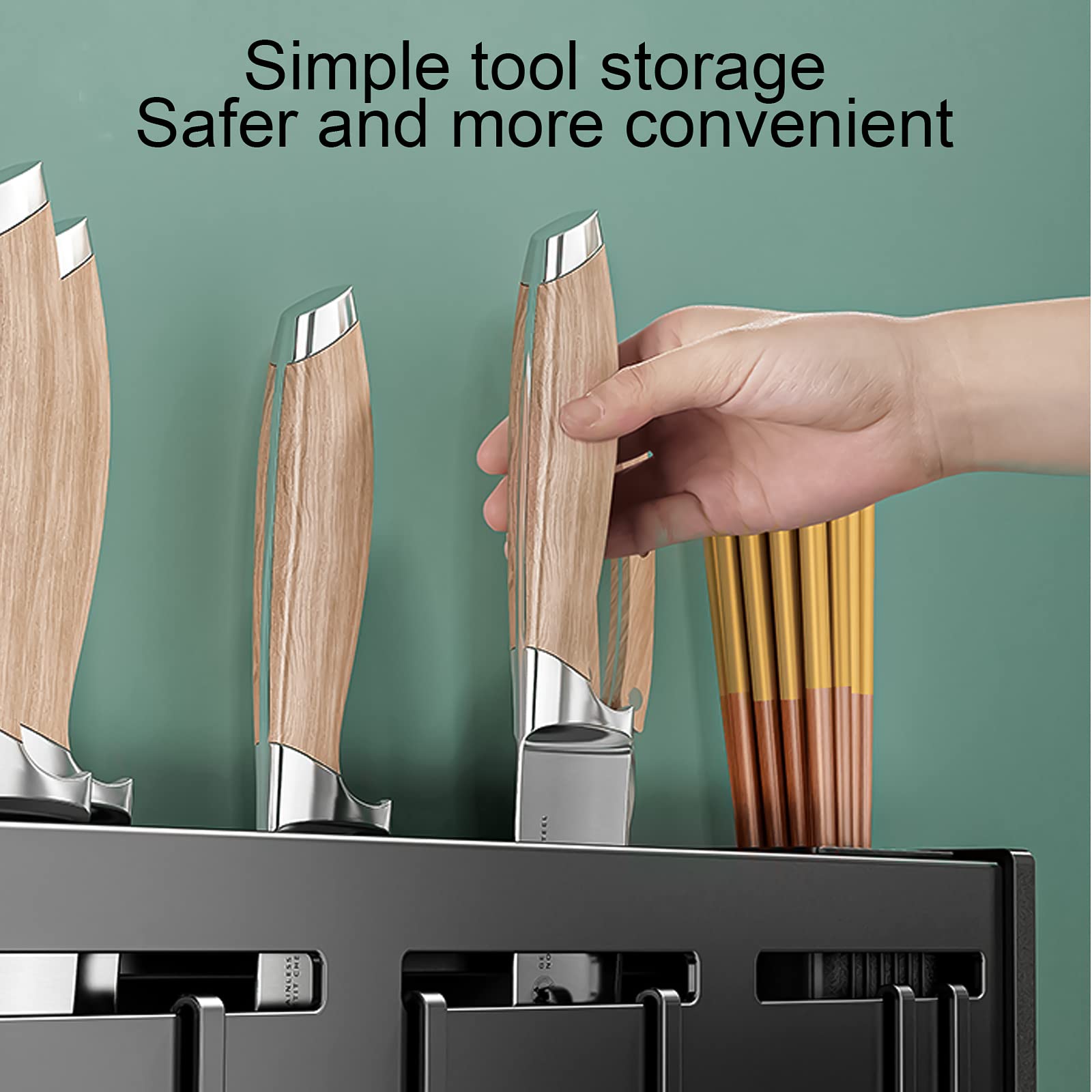 HST Kitchen Knife Holder for Wall, Stainless Steel Knife Blocker without knives,15.78 Inches Kitchen Knife Storage Organizer, Black