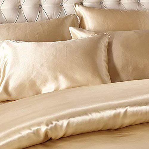 3 Piece Duvet Cover Set (1 Duvet Cover + 2 Pillow Shams) Satin Silk Honeymoon Sexy Luxury 100% Super Soft Microfiber Bedding Collection (Gold, Queen)