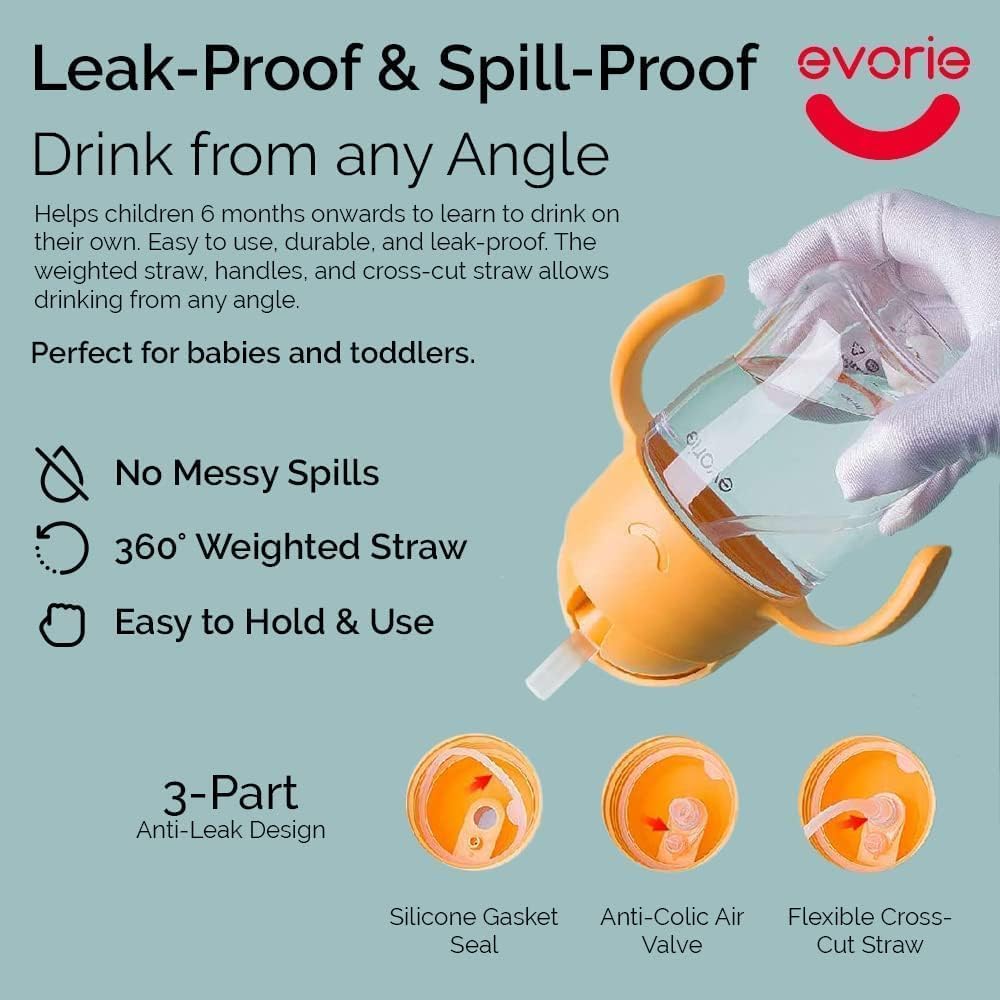 Evorie Tritan Weighted Straw Sippy Cup with Handles for Baby and Toddlers 6 months up, 7 Oz Soft Silicone Straw Infant First Training Water Bottle (Apricot)