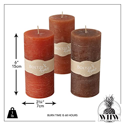 3 Piece Pillar Candle Set, Paraffin Wax, 68 Hours Burn Time, Cotton Wick, Shades of Marbled Amber, Rustic Brown and Dark Brown