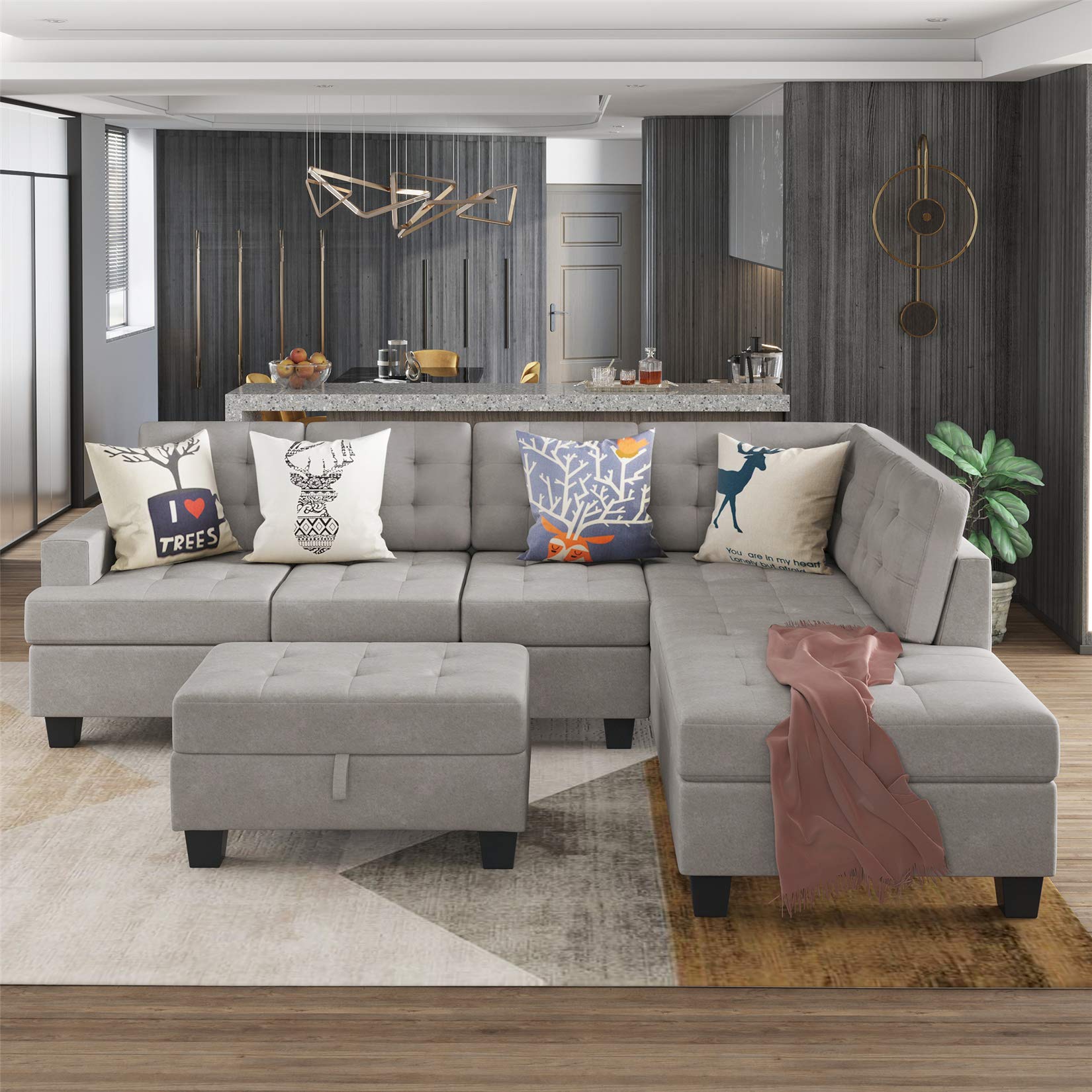 3 Piece Sectional Sofa, L-Shaped Sofa Couch, Living Room Rivet Modern Upholstered Set with Ottoman and Cushions (Gray with Chaise)