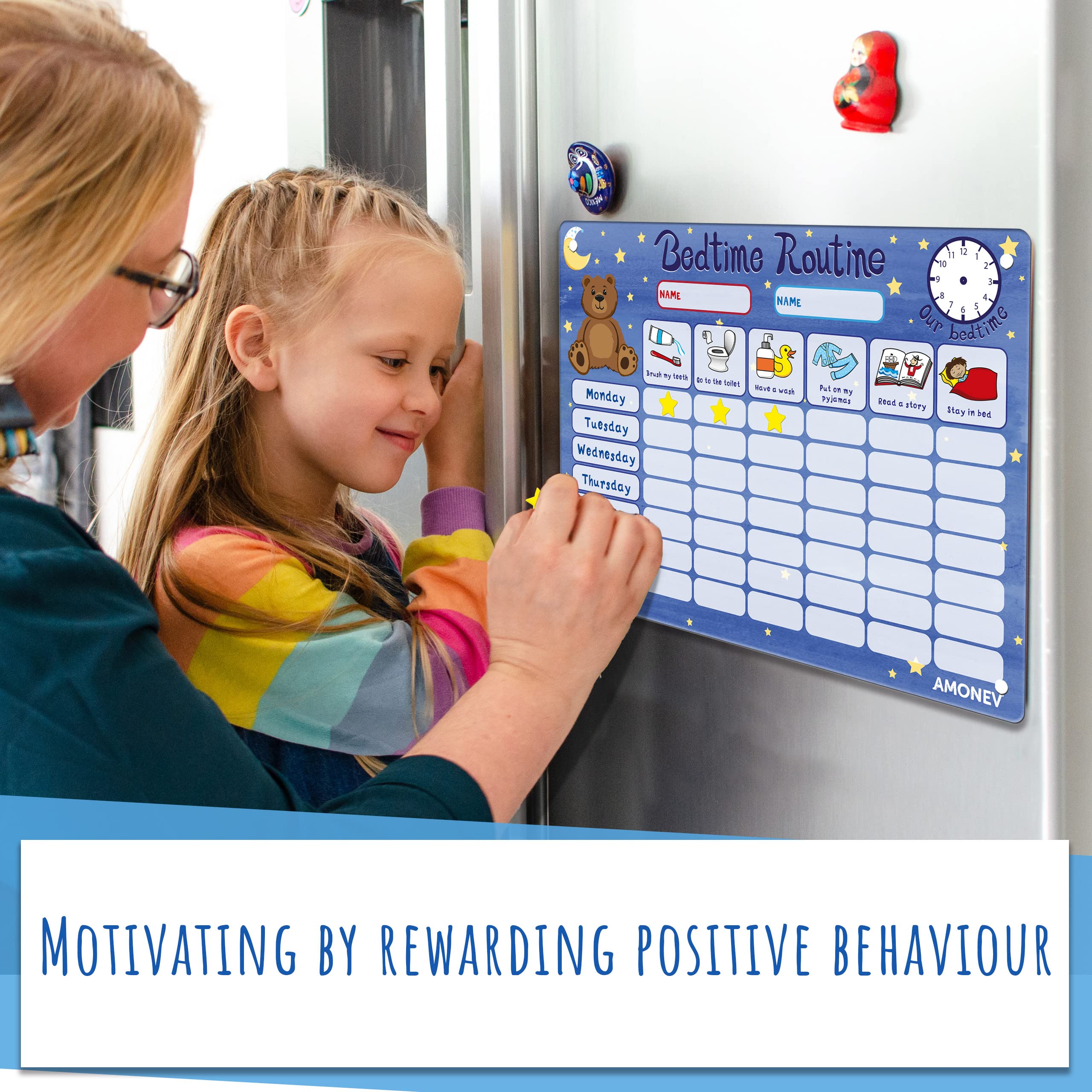 Amonev Magnetic Bedtime Routine Chart Reward Chart and Sleep Training Stay in Bed Chart for Boys Girls Toddlers and Young Children with Magnetic Stars. Reusable Wall Chart. Two Child.